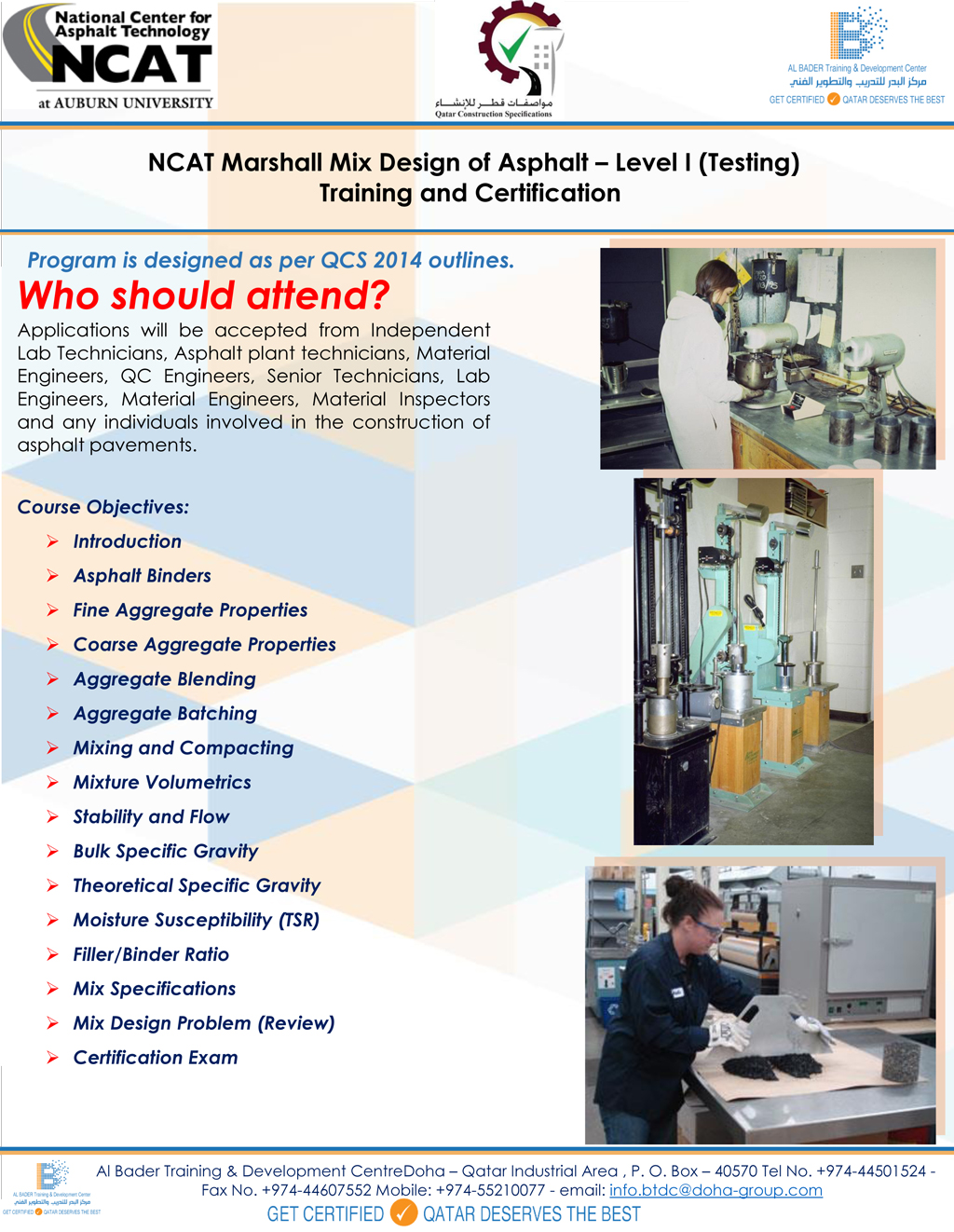 Marshall Mix Design of Asphalt – Level I (Testing) – BTDC