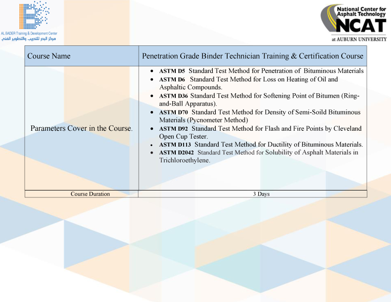 Penetration Grade Binder Technician Training & Certification Course – BTDC